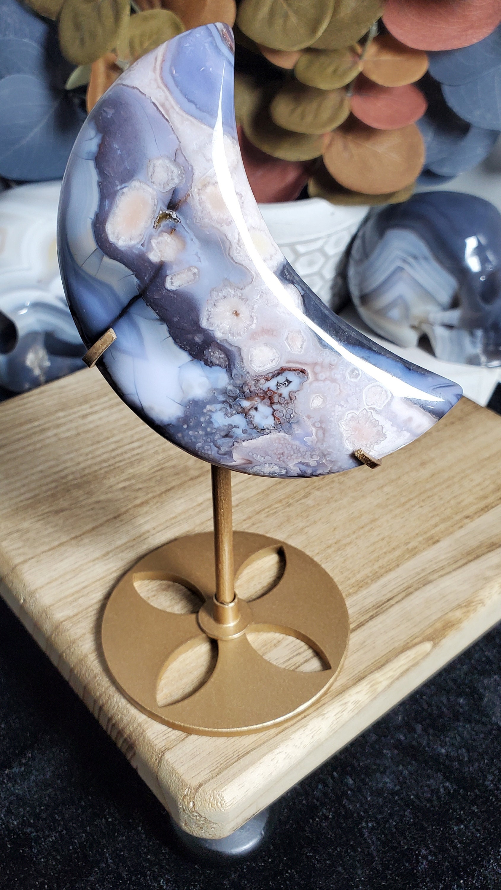 Blue Flower Agate Moons on Stands - Etsy