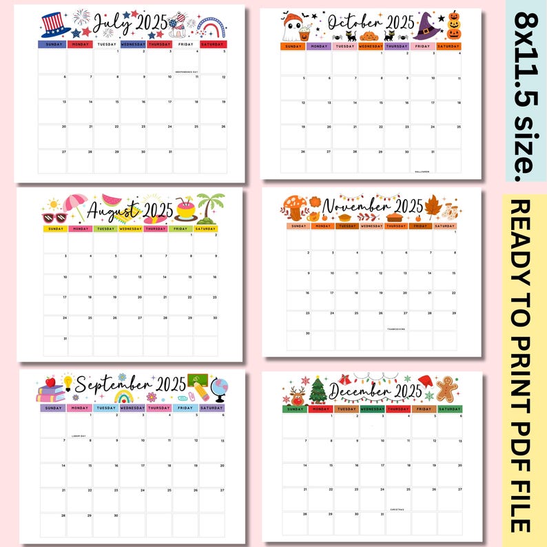 2025 Calendar Printable, Cute Kids Calendar 2025, Wall Calendar PDF ...