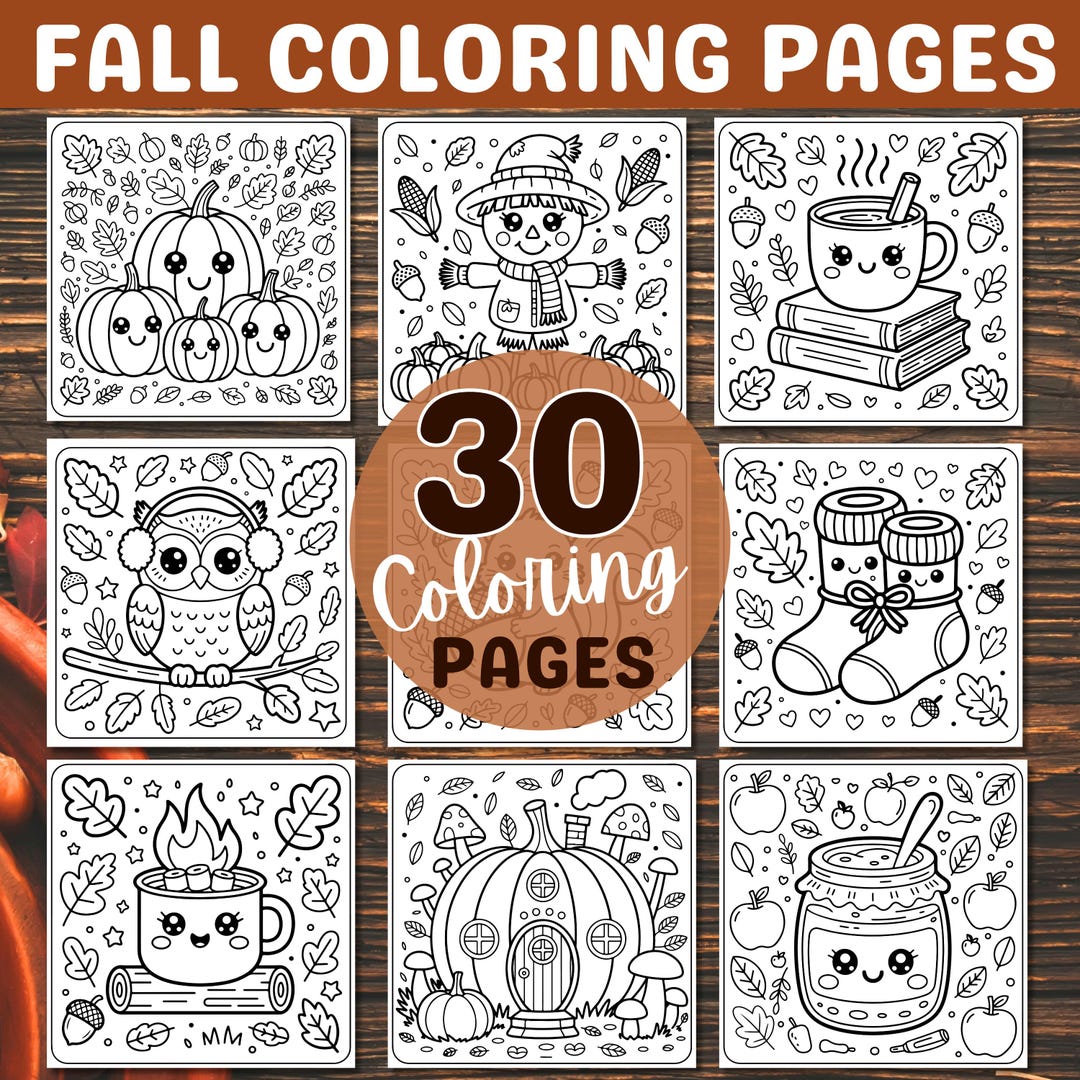 Cozy Fall Kawaii Coloring Pages for Kids | Thanksgiving Fall Activity ...