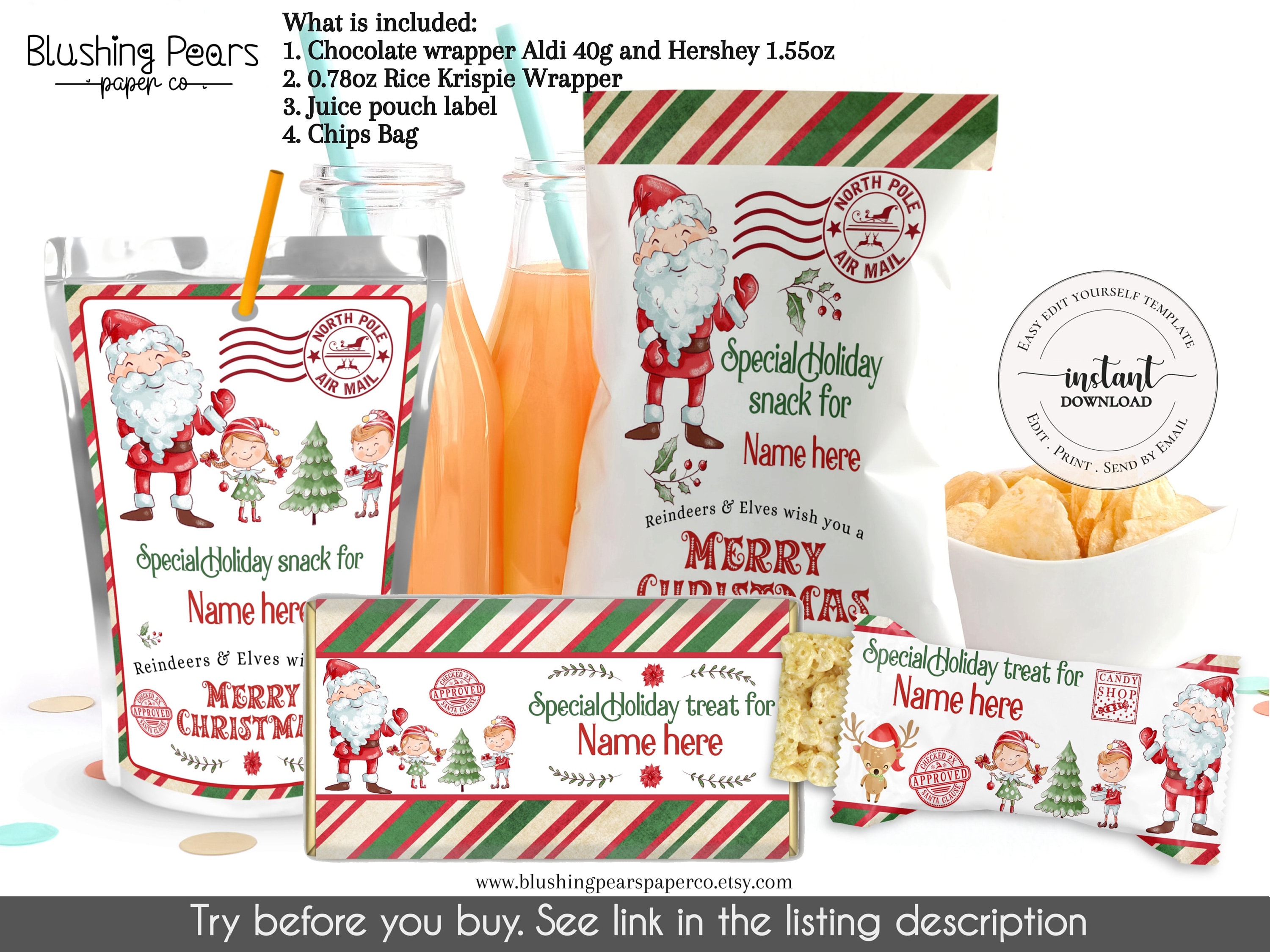Christmas Treats, Chip Bag Chocolate Wrapper Juice Pouch Label, Santa ...