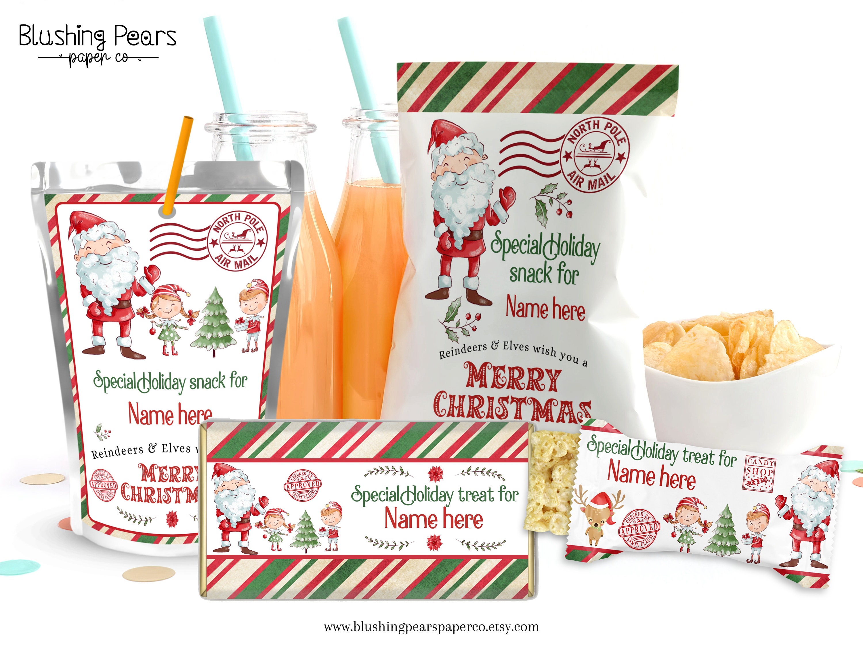 Christmas Treats, Chip Bag Chocolate Wrapper Juice Pouch Label, Santa ...