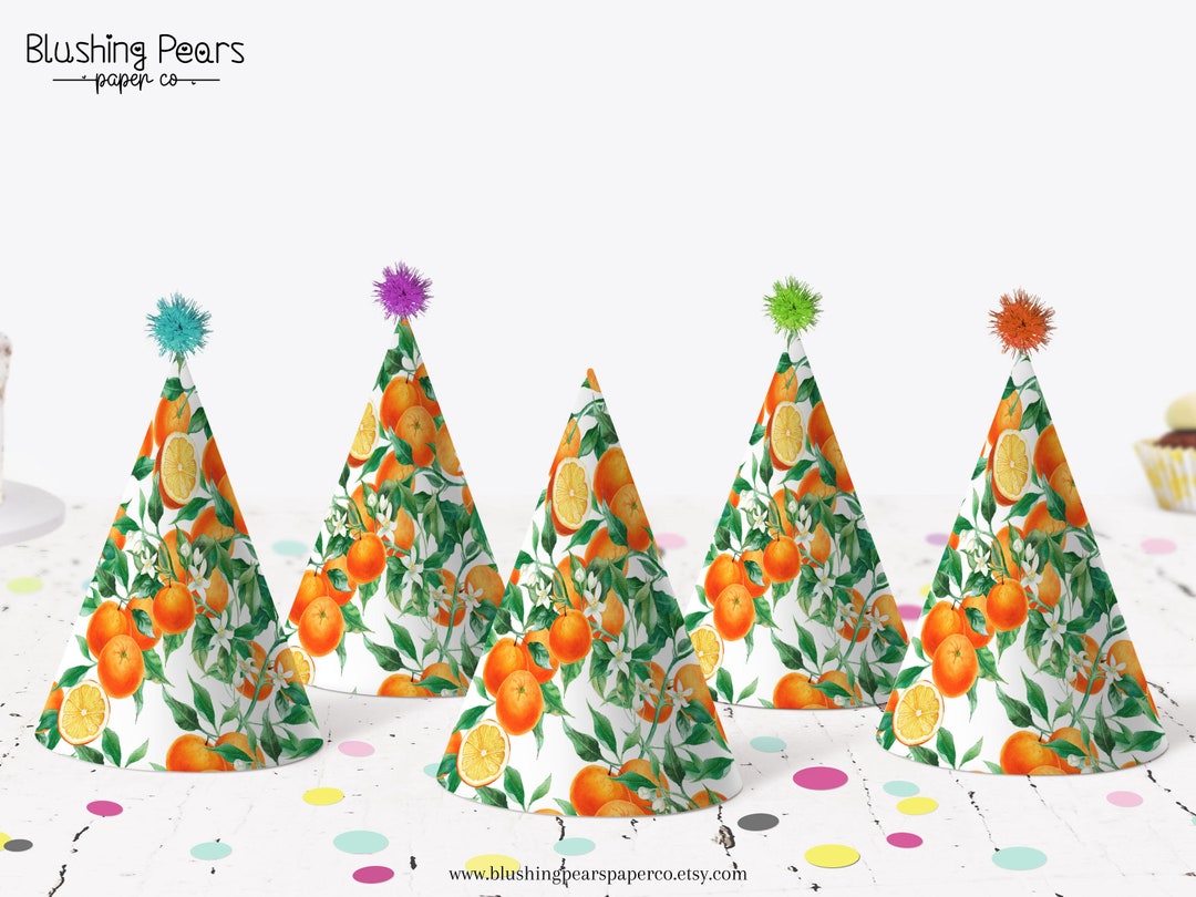 Citrus Birthday Party Hat, Kids Cone Hats Template, Oranges Fruits ...