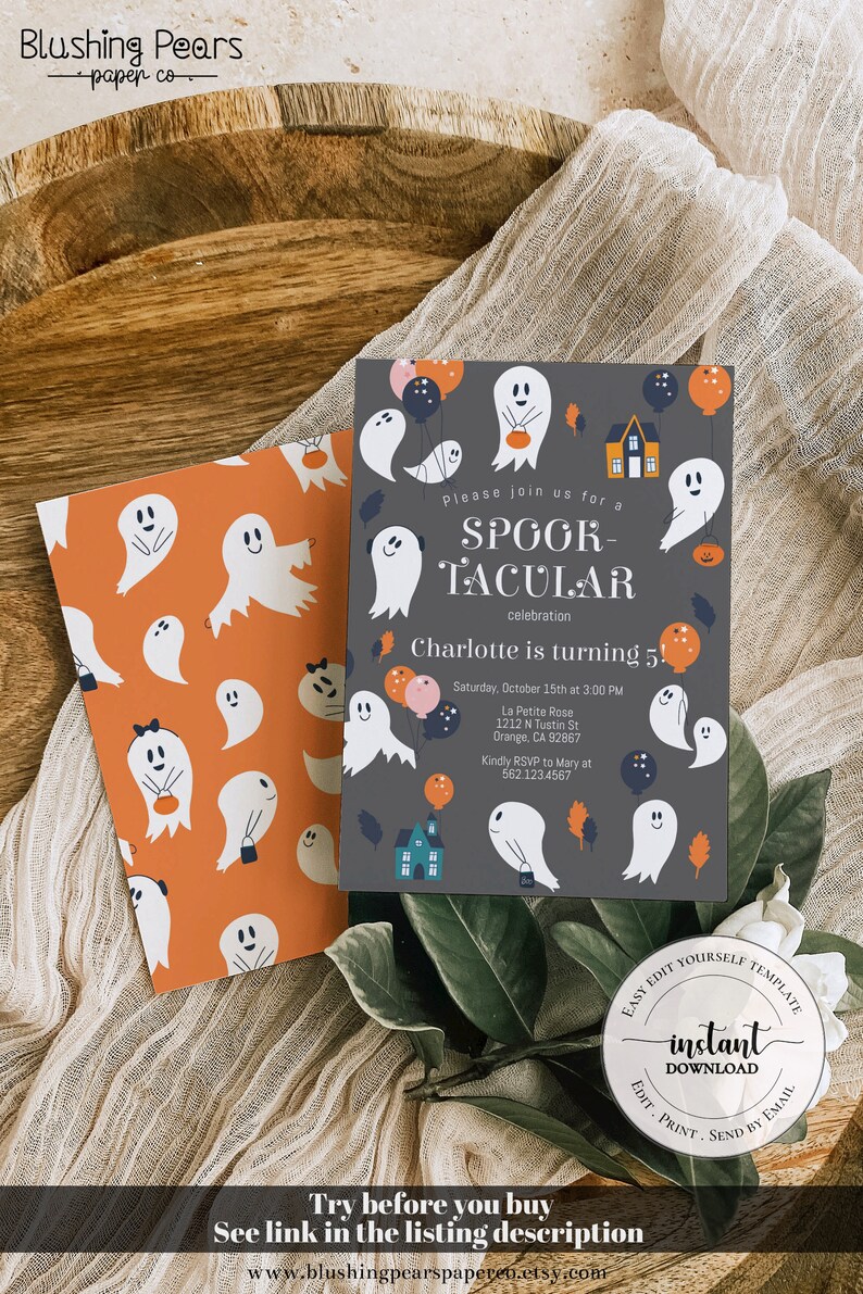 Spooky Halloween Ghost Birthday Party Invitation, Cute Ghost Birthday ...