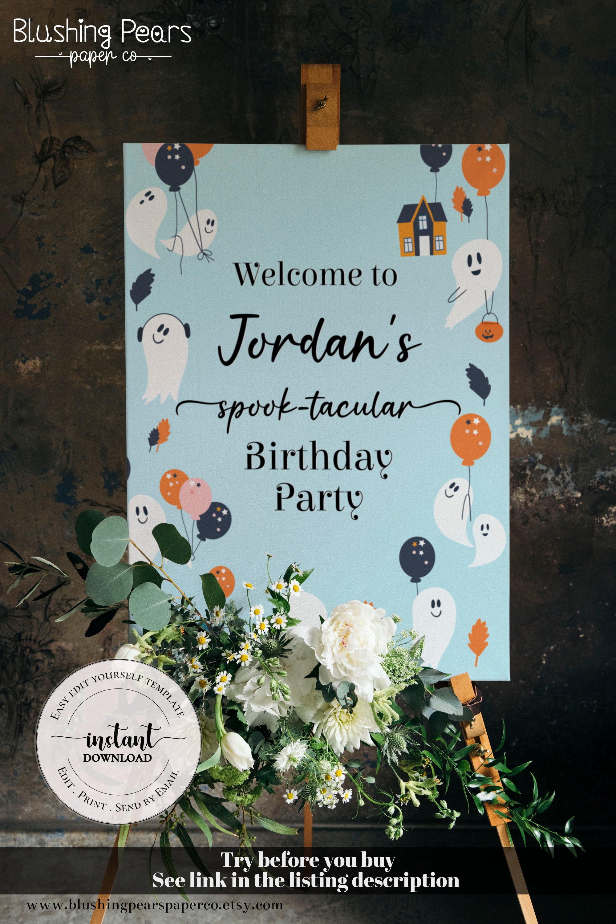 Halloween Ghost Birthday Welcome Sign, Cute Blue Ghost Birthday Welcome ...