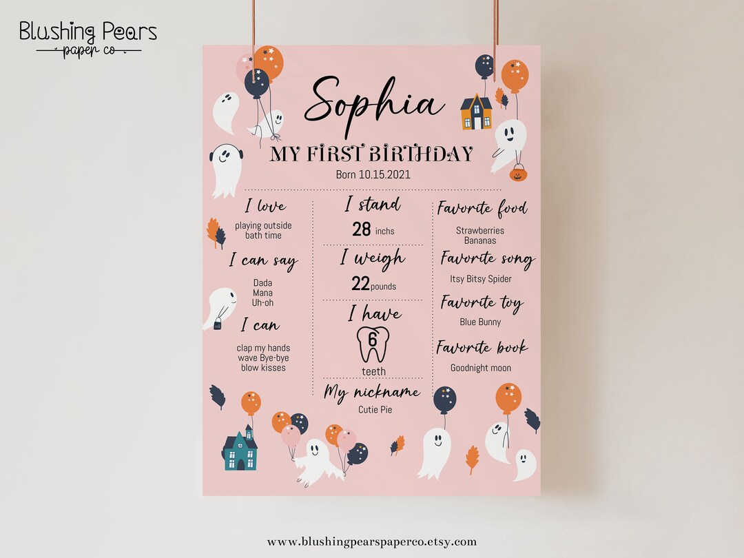Halloween First Year Milestone Poster, Spooky Ghost 1st Birthday ...