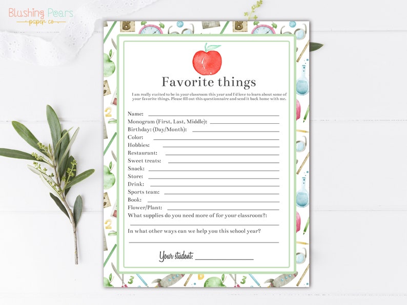 Get to Know the Teacher Questionnaire, Teacher Favorite Things, Back to ...