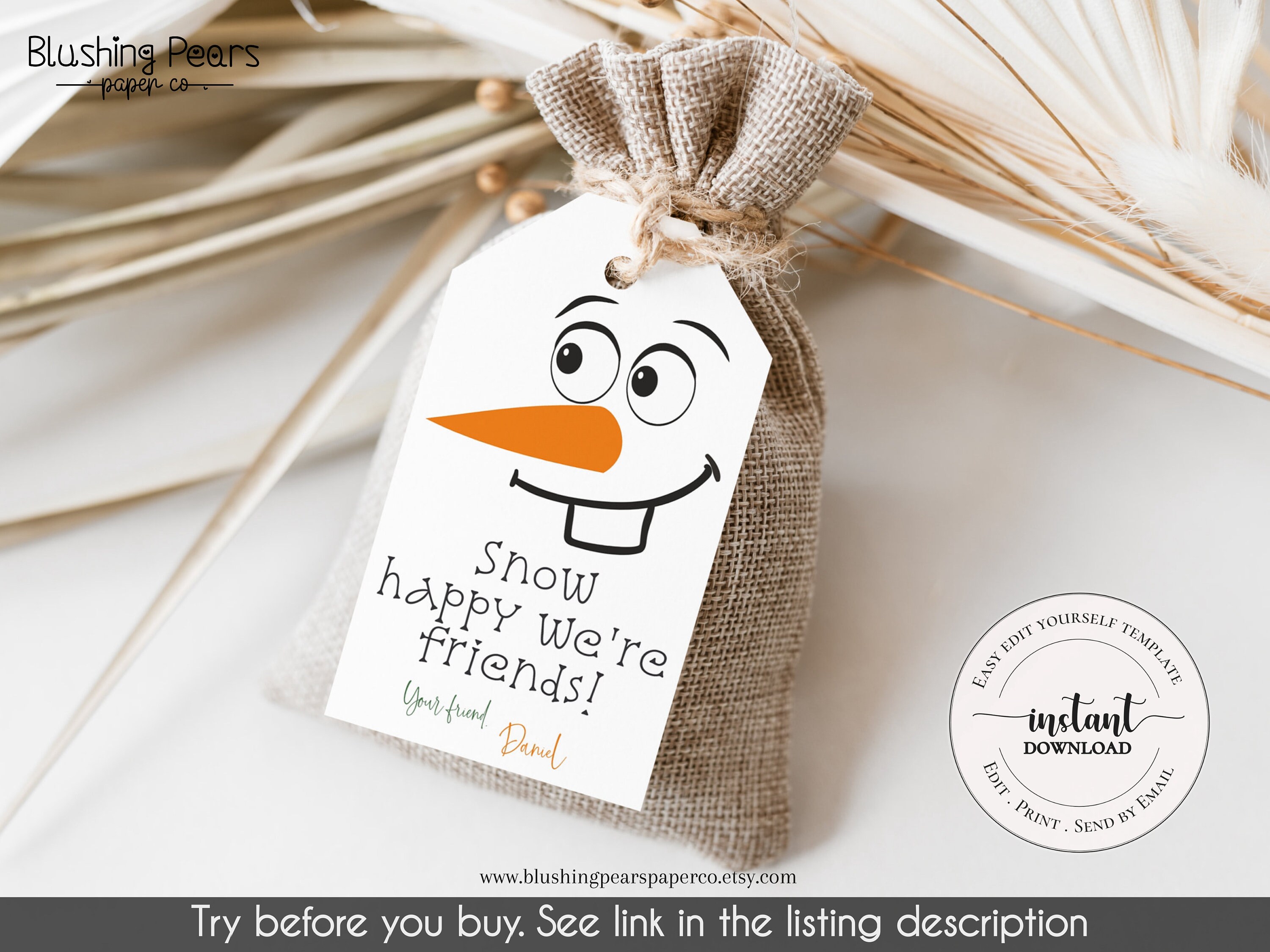 Christmas Gift Tag Template, Printable Kids Snowman Holiday Treat Bag Tags, Snow Happy Holiday ...