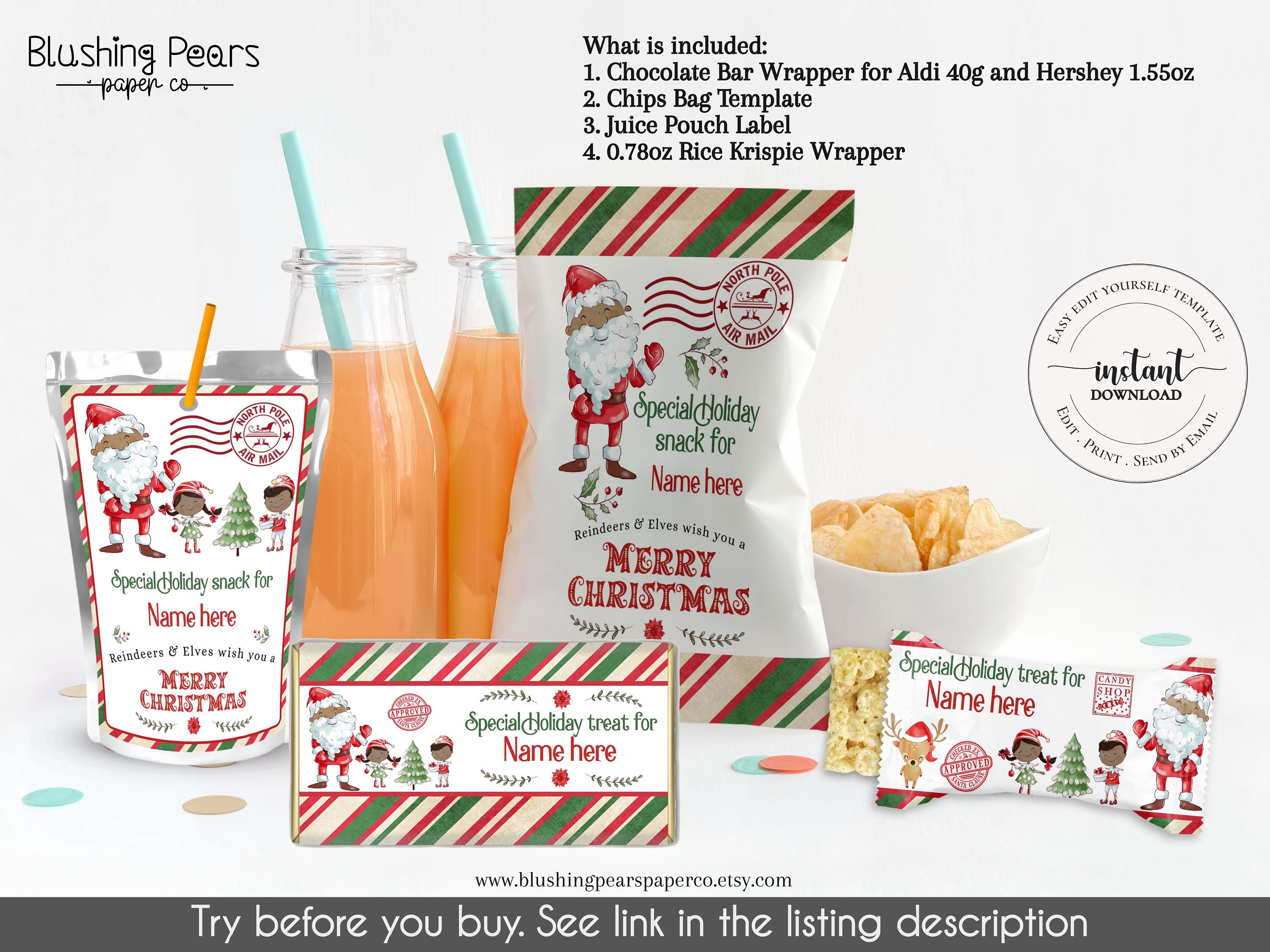 Christmas Treats, Chip Bag Chocolate Wrapper Juice Pouch Label, Black ...