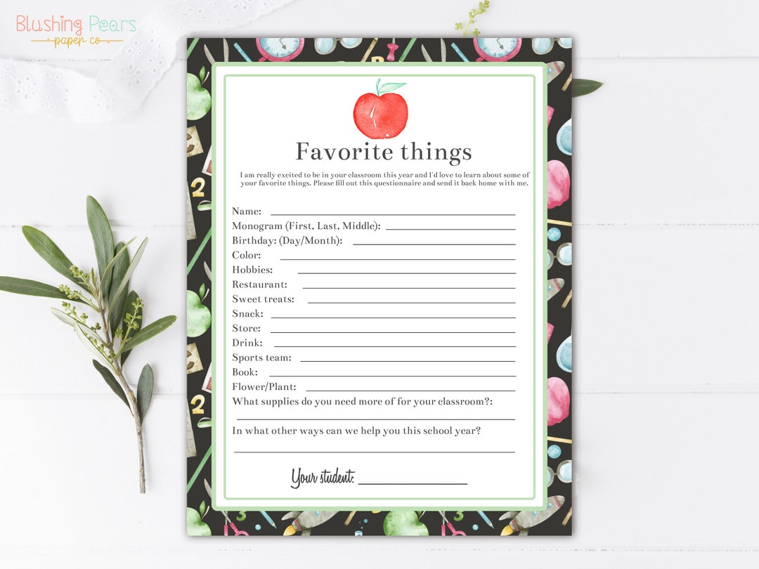 Get to Know the Teacher Questionnaire, Teacher Favorite Things, Back to ...