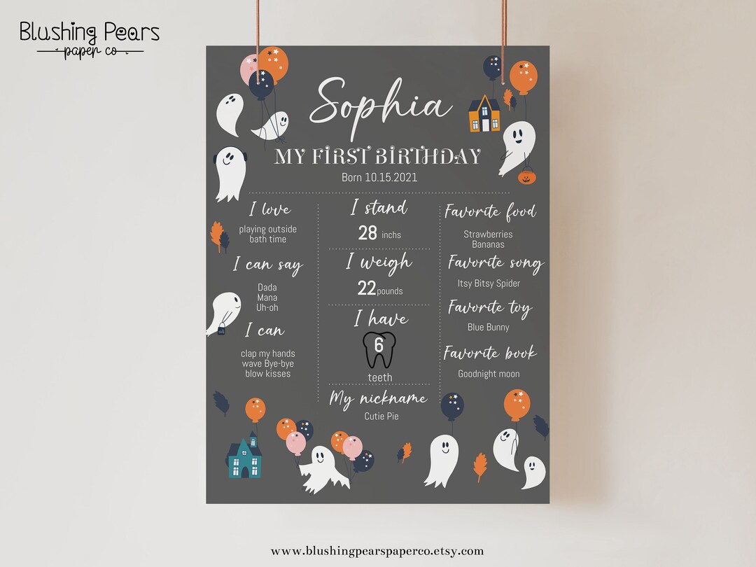 Halloween First Year Milestone Poster, Spooky Ghost 1st Birthday ...