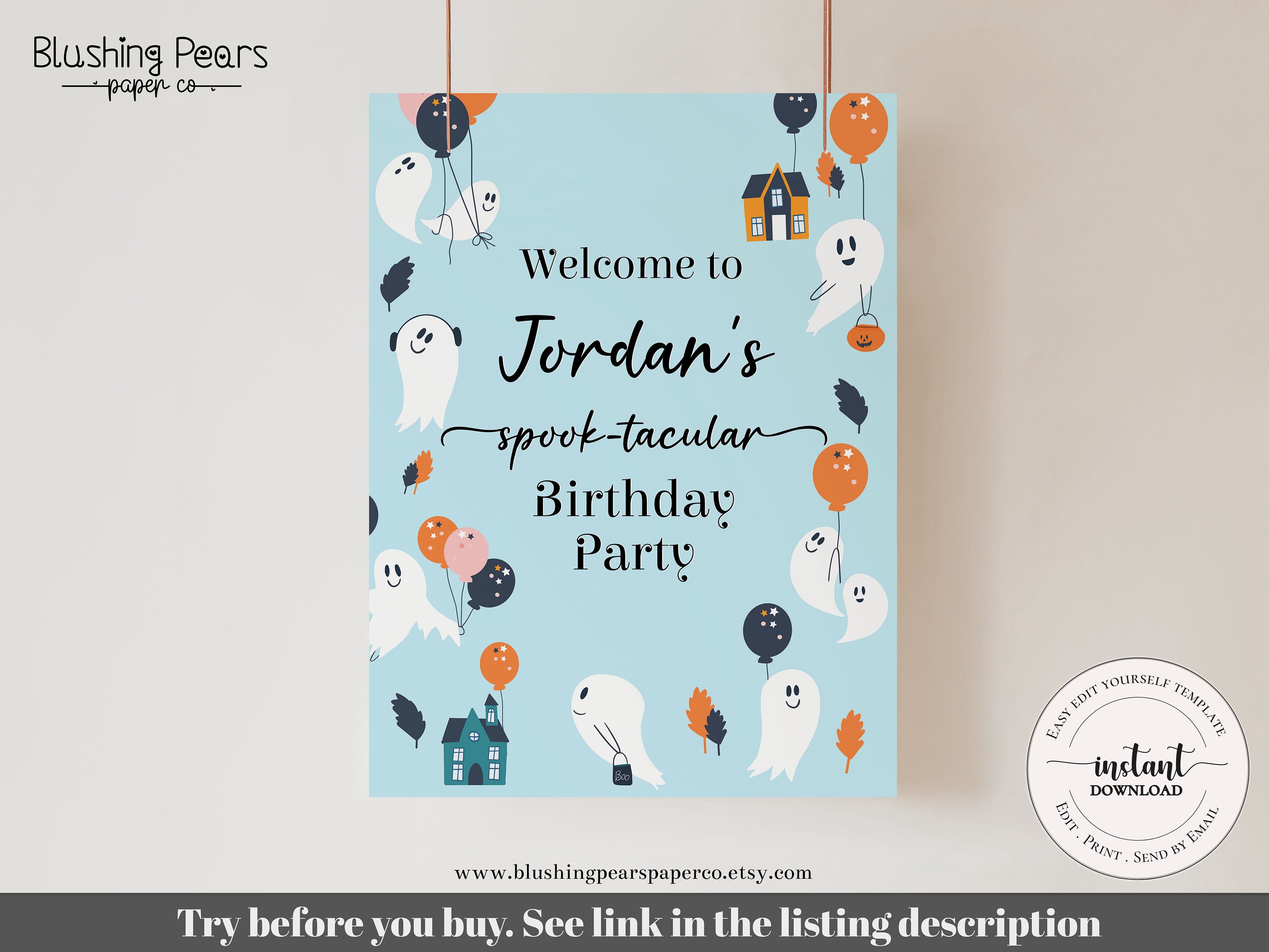 Halloween Ghost Birthday Welcome Sign, Cute Blue Ghost Birthday Welcome ...