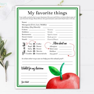 Get to Know the Teacher Questionnaire, Teacher Favorite Things, Back to ...