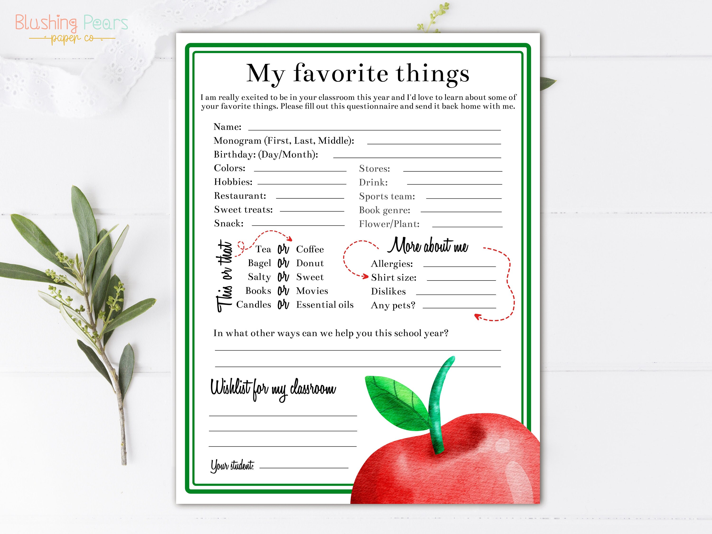 Get to Know the Teacher Questionnaire, Teacher Favorite Things, Back to ...