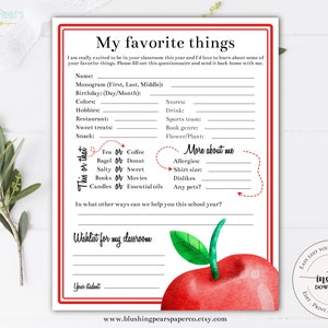 Get to Know the Teacher Questionnaire, Teacher Favorite Things, Back to ...