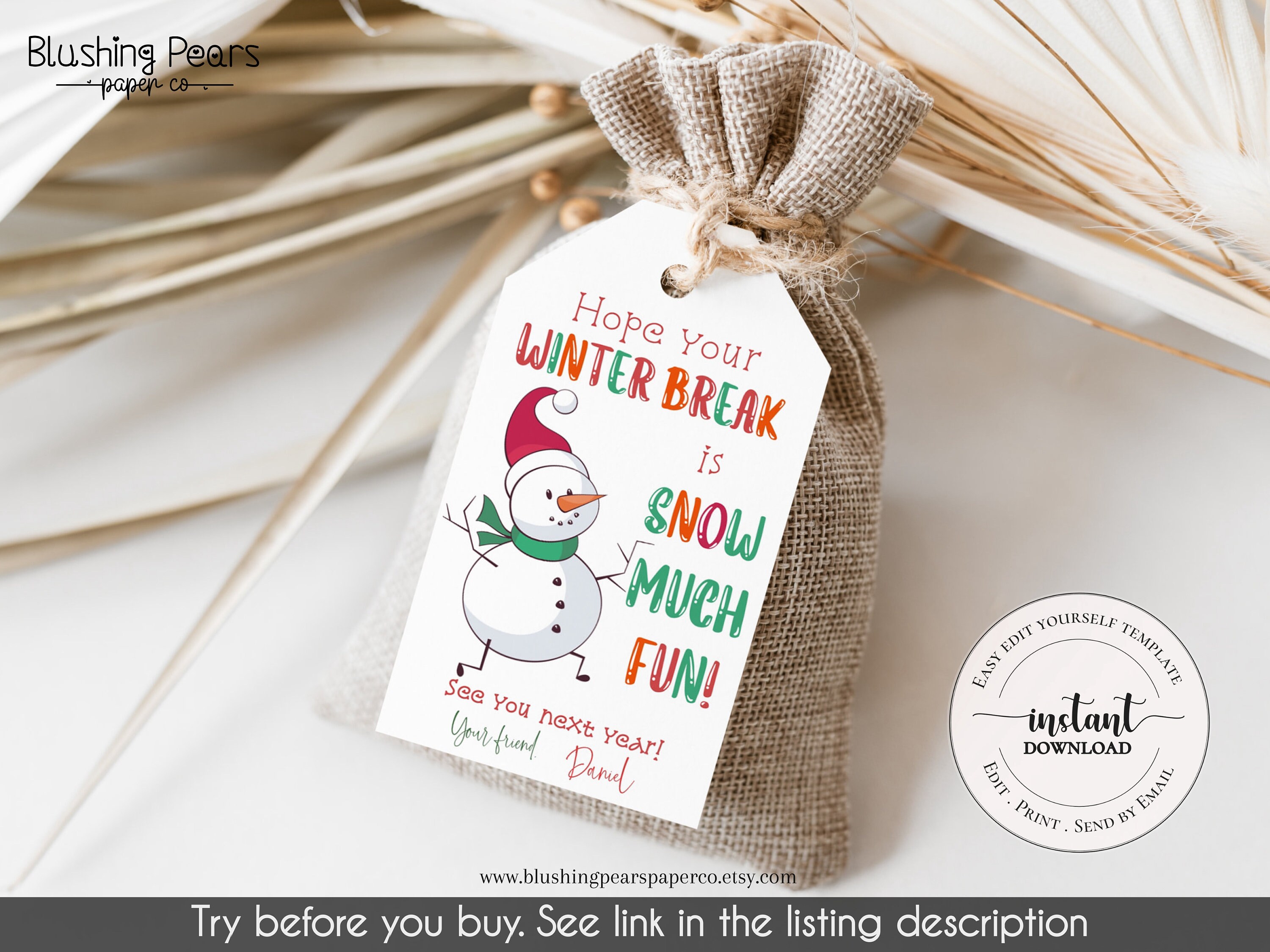 Christmas Gift Tag Template, Printable Kids Snowman Holiday Treat Bag ...