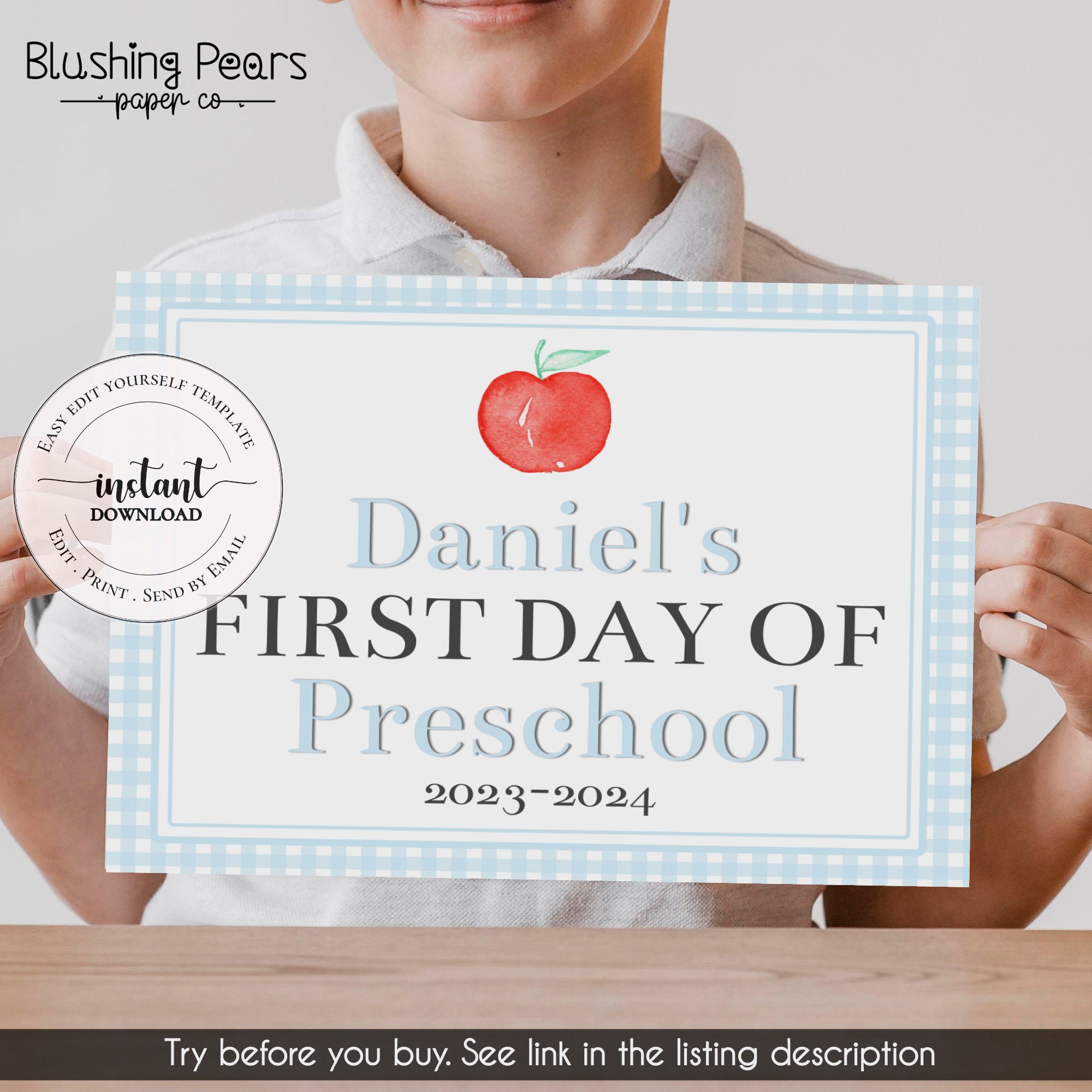 Back to School Sign, First Day of School Sign, Blue Gingham ...