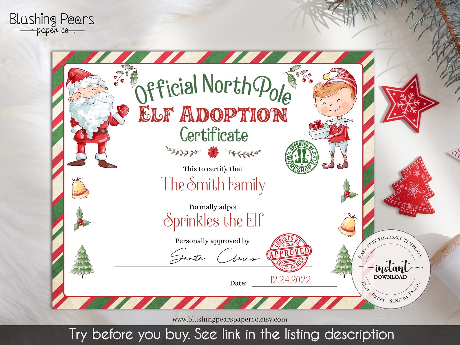 Elf Adoption Certificate, Boy Personalized Elf Certificate, Printable ...