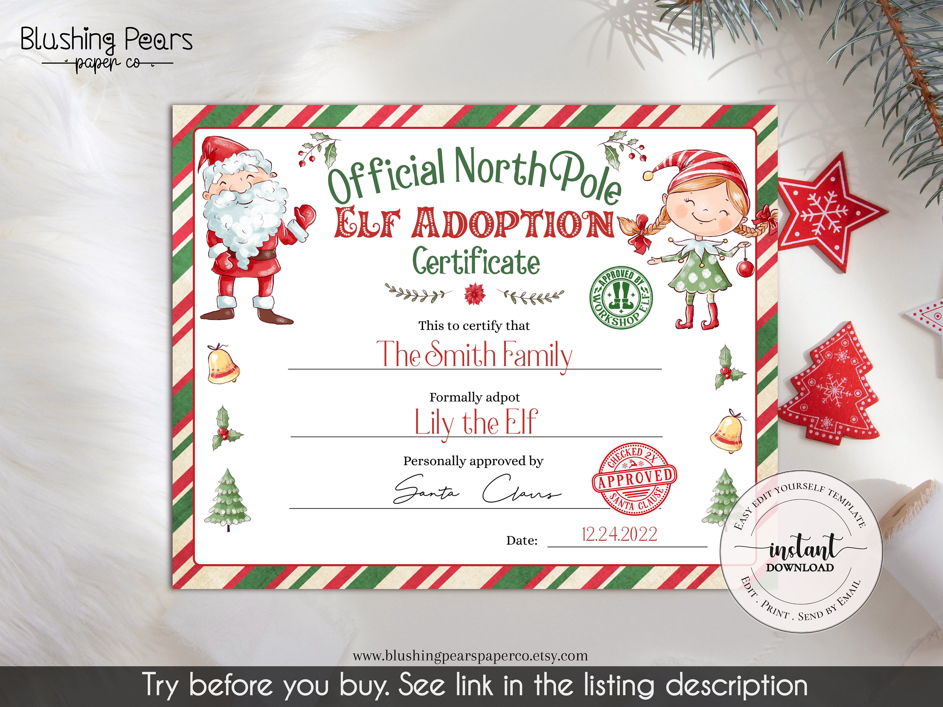 Elf Adoption Certificate, Girl Personalized Elf Certificate, Printable ...