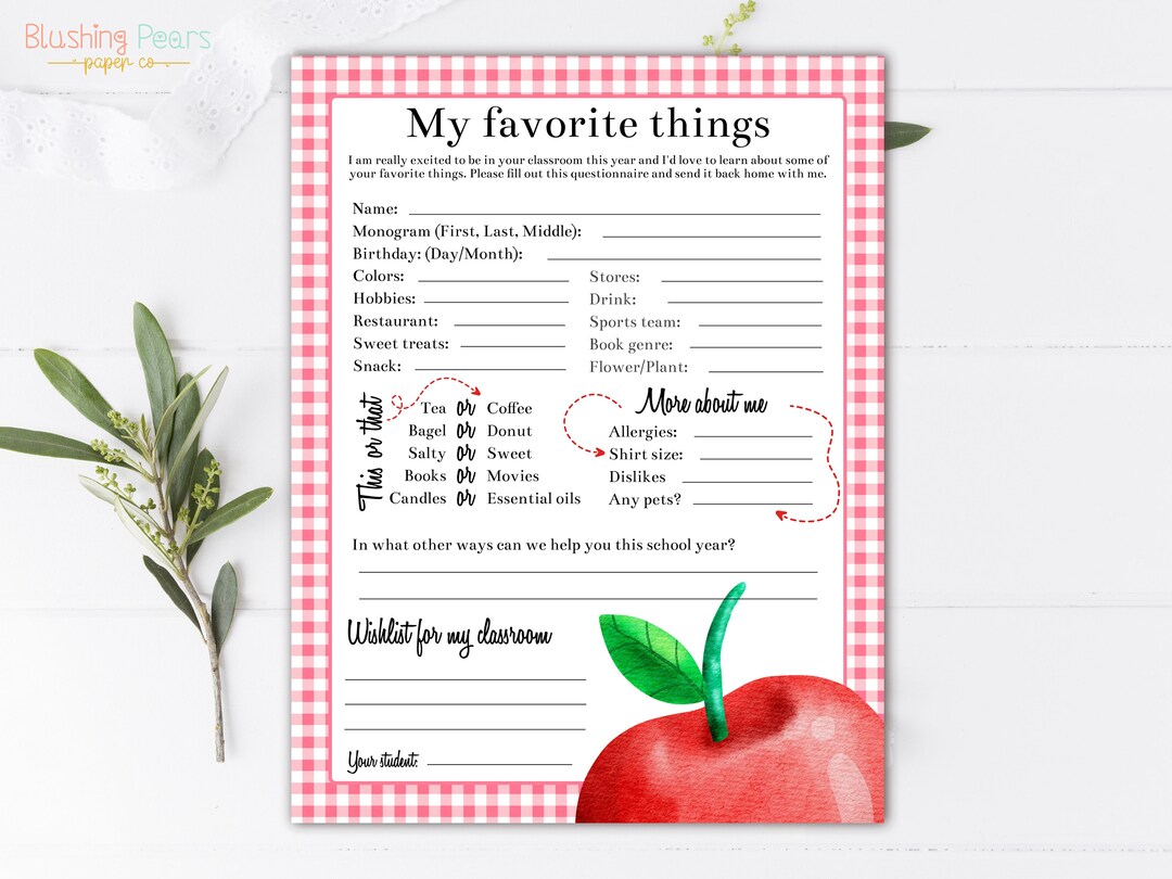 Get to Know the Teacher Questionnaire, Teacher Favorite Things, Back to ...