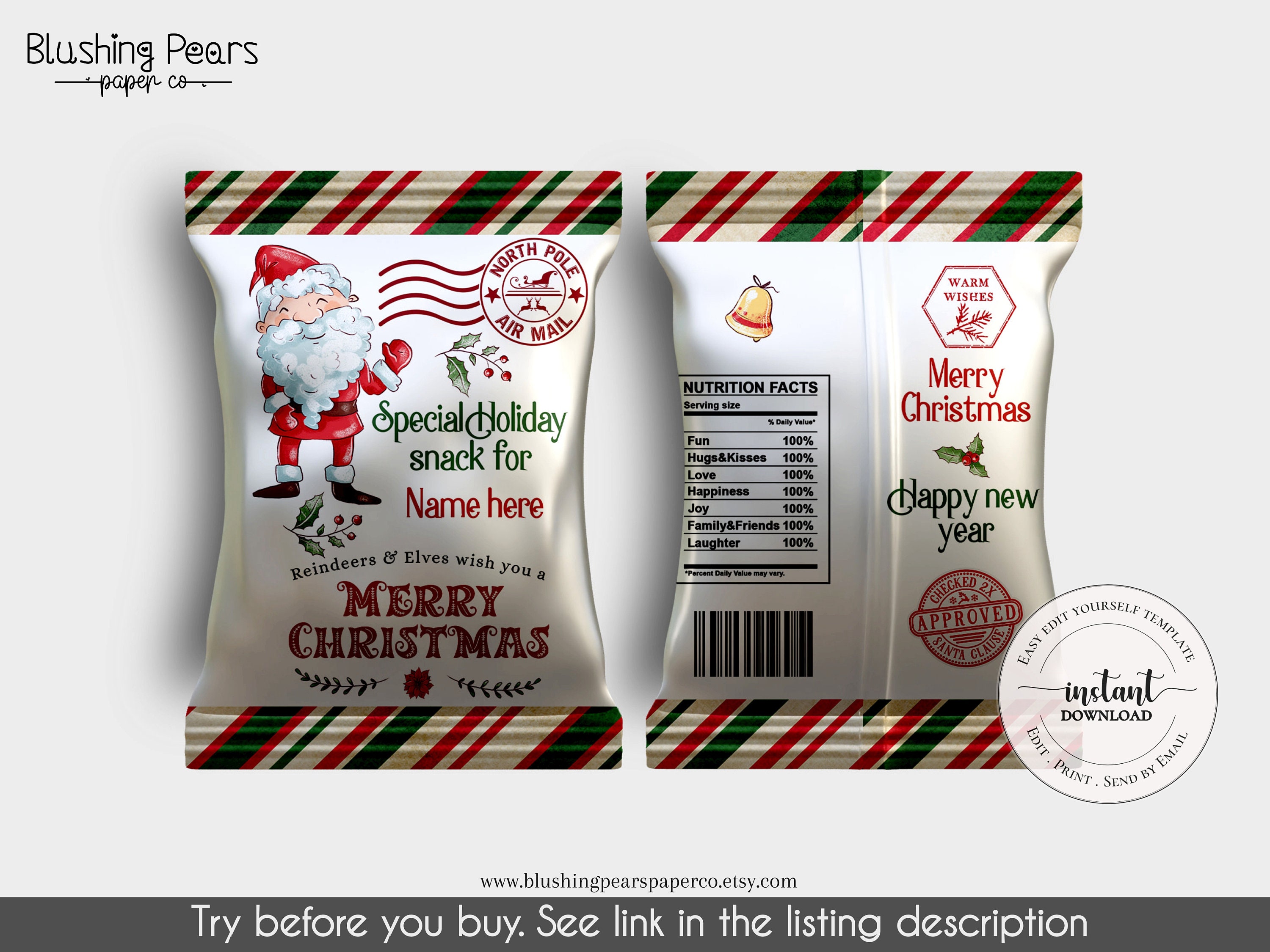 Christmas Treats, Chip Bag Chocolate Wrapper Juice Pouch Label, Santa ...