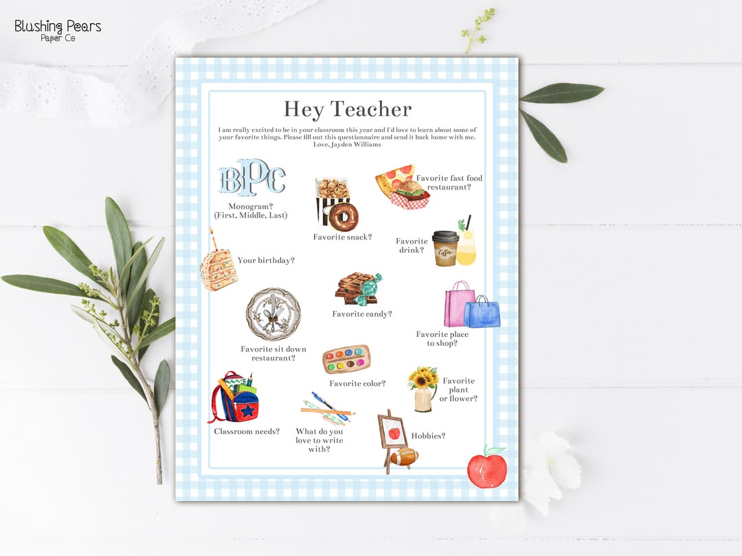 Get to Know the Teacher Questionnaire, Teacher Favorite Things, Back to ...