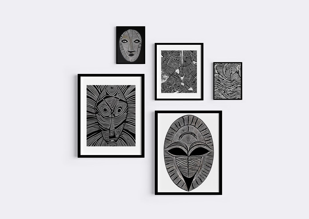 Modern Abstract Black White Gallery Wall Art Set of 5 | African Mask ...