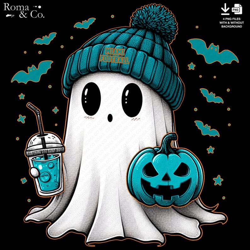 Cute Ghost Football Miami | Fall PNG | Halloween NFL Football Fan Ghost ...