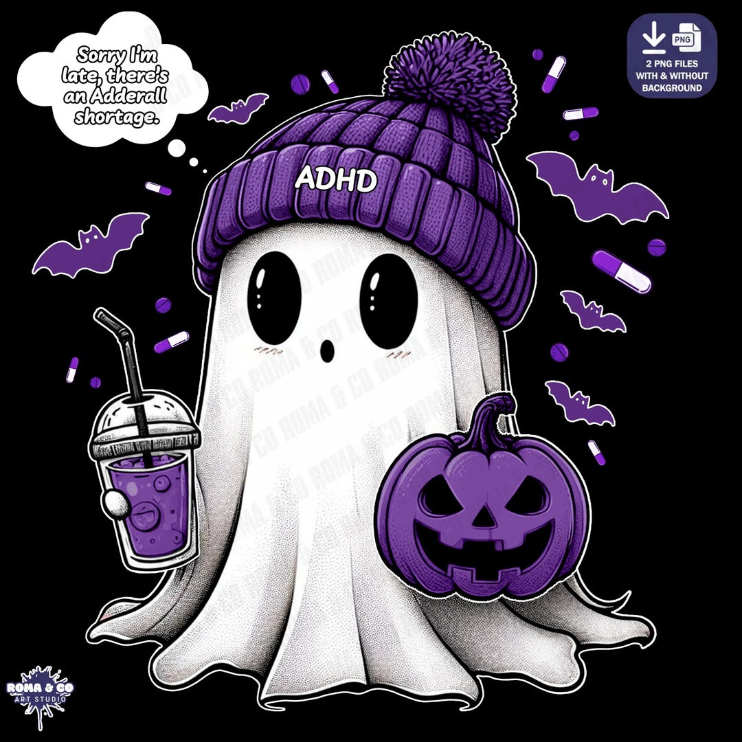 Cute Ghost ADHD Relatable Fall PNG | Halloween October Fan Ghost With ...