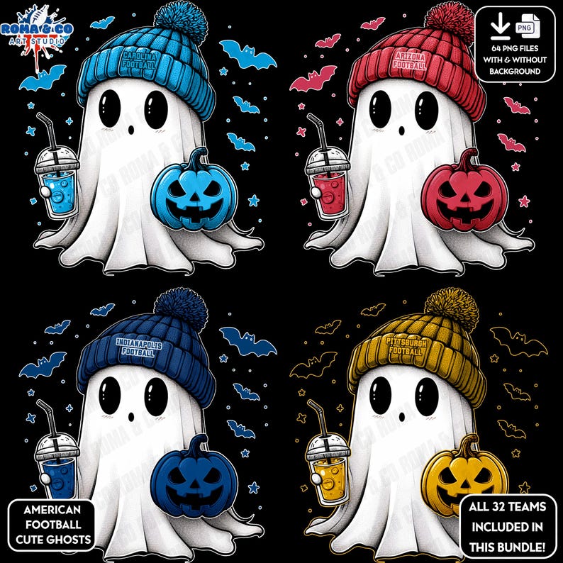 32 Team Bundle | Cute Ghost American Football | Fall PNG | Halloween ...