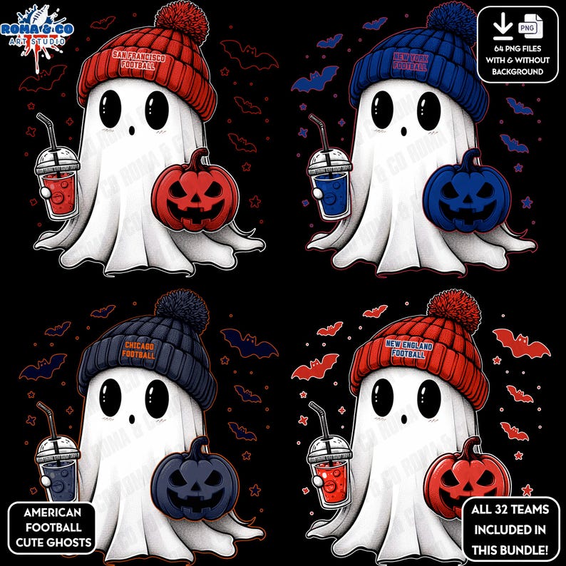 32 Team Bundle | Cute Ghost American Football | Fall PNG | Halloween ...