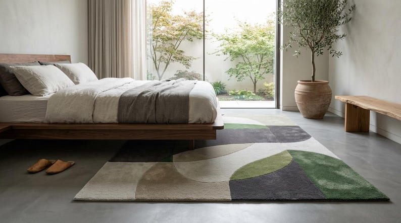 Hand Tufted Wool Carpet: Forest Green Geometric Area Rug – Japandi ...