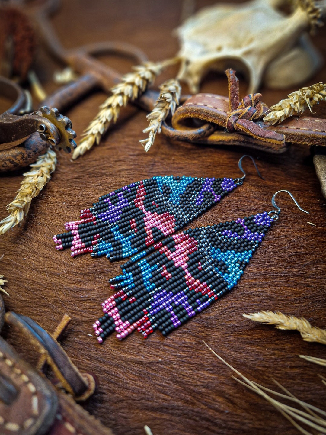 Made-to-order Glitter Animal Print Beaded Earrings Fringe Earrings ...