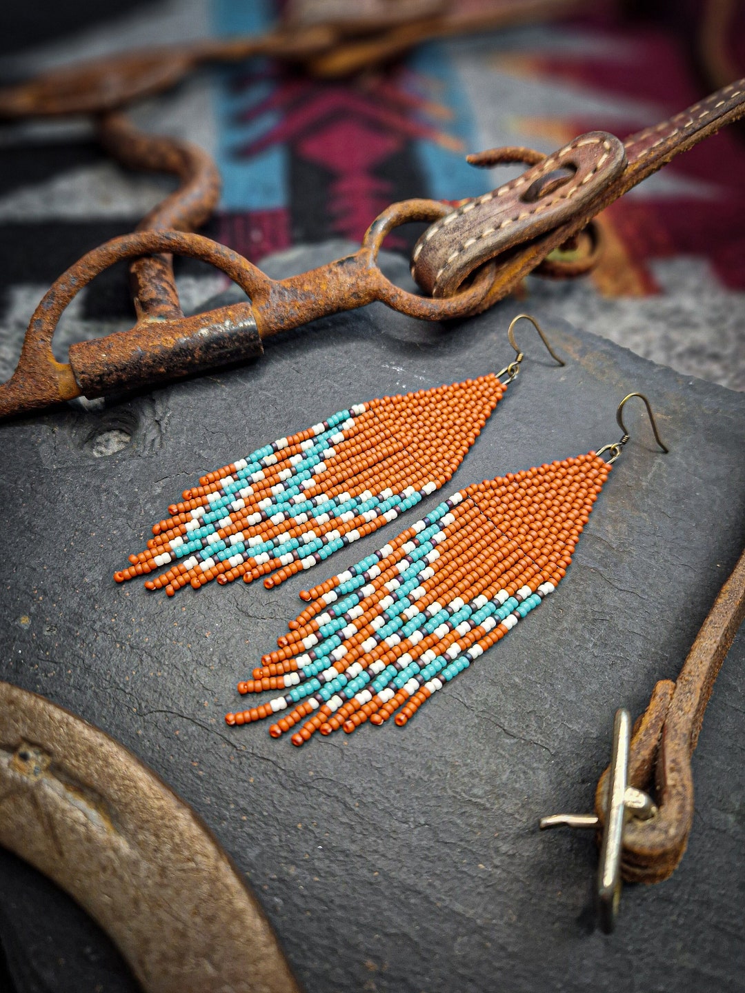 Western Style Rust Red Bold Bead Earrings Fringe Earrings - Etsy