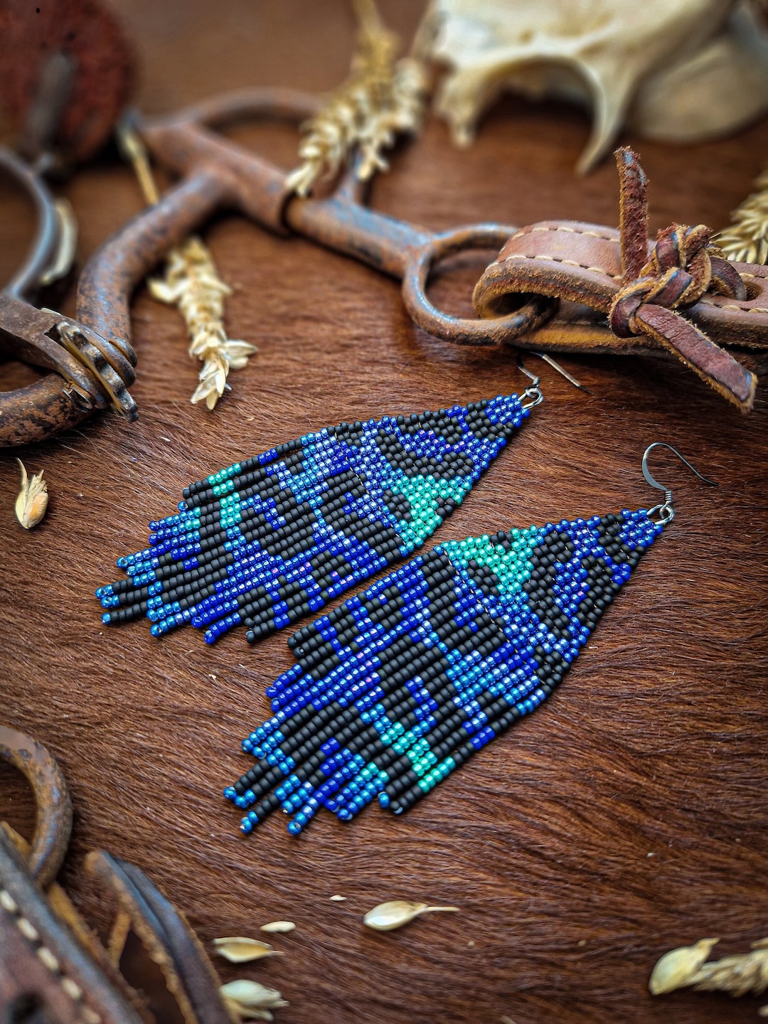 Made-to-order Glitter Animal Print Beaded Earrings Fringe Earrings ...