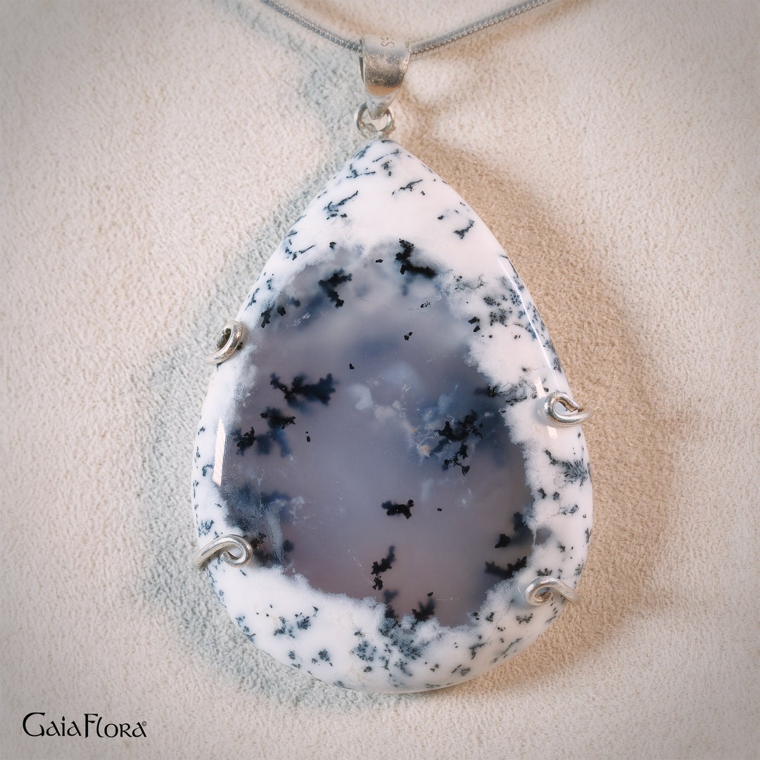 Dendritic Opal "merlinite", Oval Cabochon, 925 Sterling Silver Setting ...