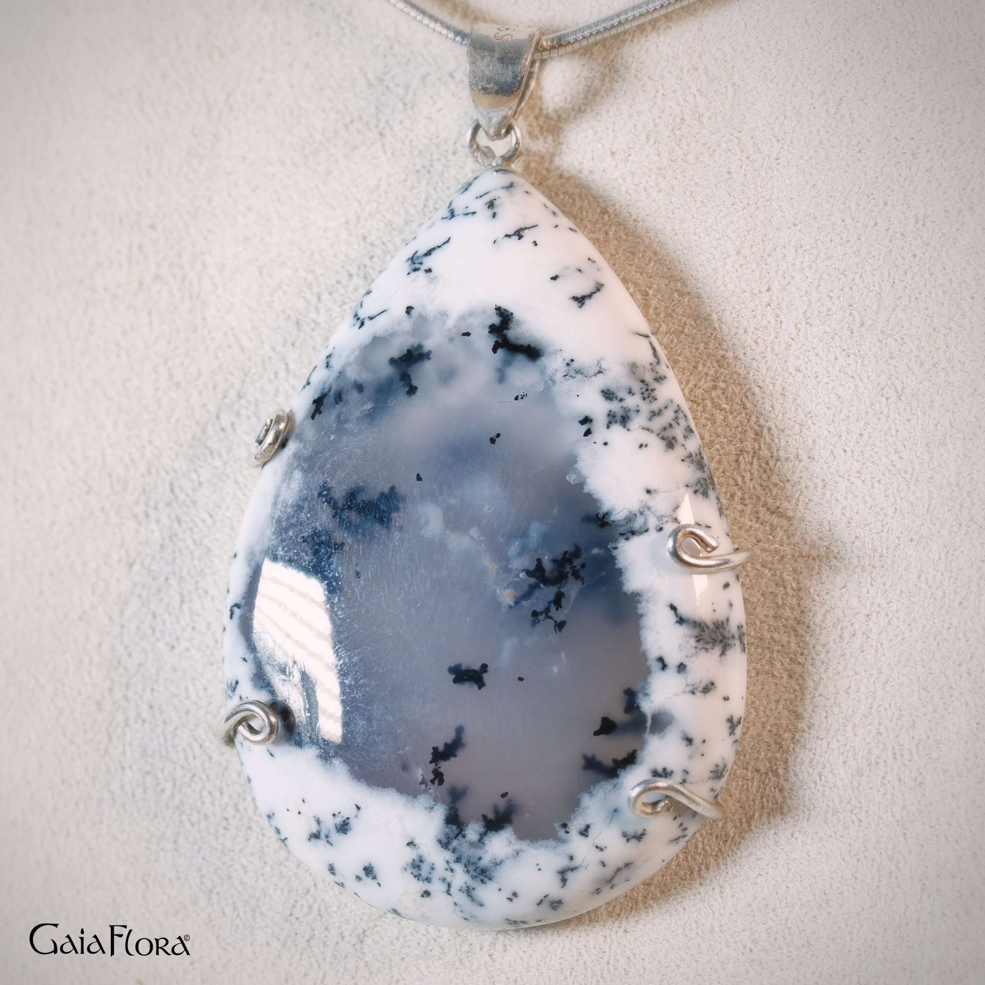 Dendritic Opal "merlinite", Oval Cabochon, 925 Sterling Silver Setting ...