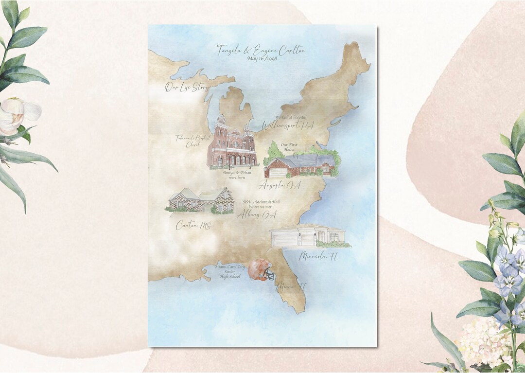 Digital Watercolor Map Illustration I Personalized Hand Drawn - Etsy