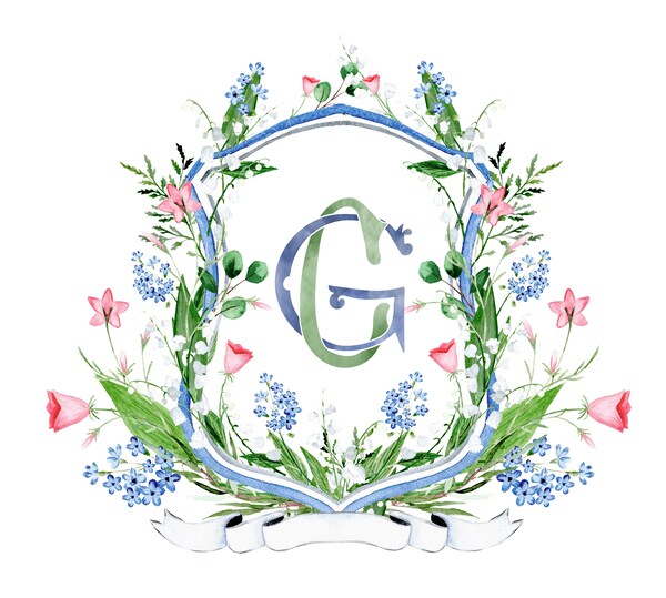 Blue and White Floral Wedding Crest Watercolor Wedding Monogram ...