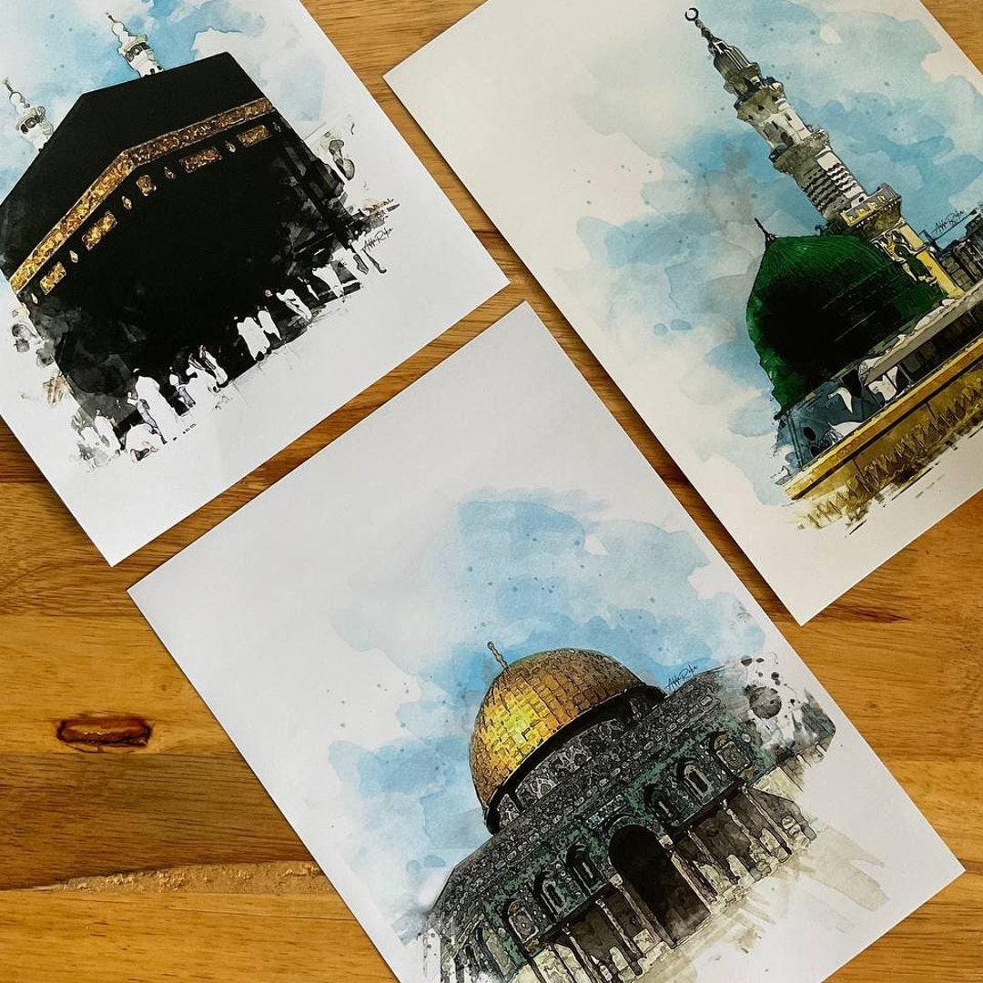 Islamic Landmarks Watercolor Art Prints: Mecca, Jerusalem, Medina ...