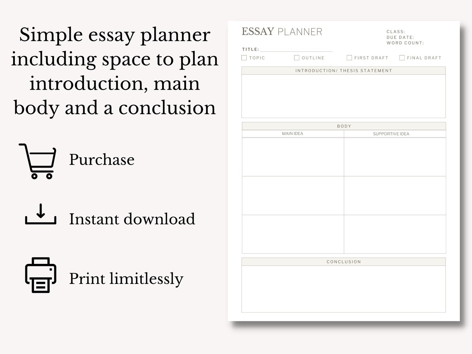 Simple Essay Planner Printable, Essay Writing Template, Essay Plan ...