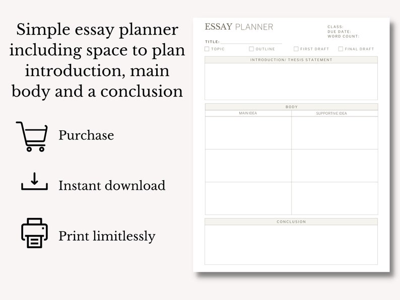 Simple Essay Planner Printable, Essay Writing Template, Essay Plan ...