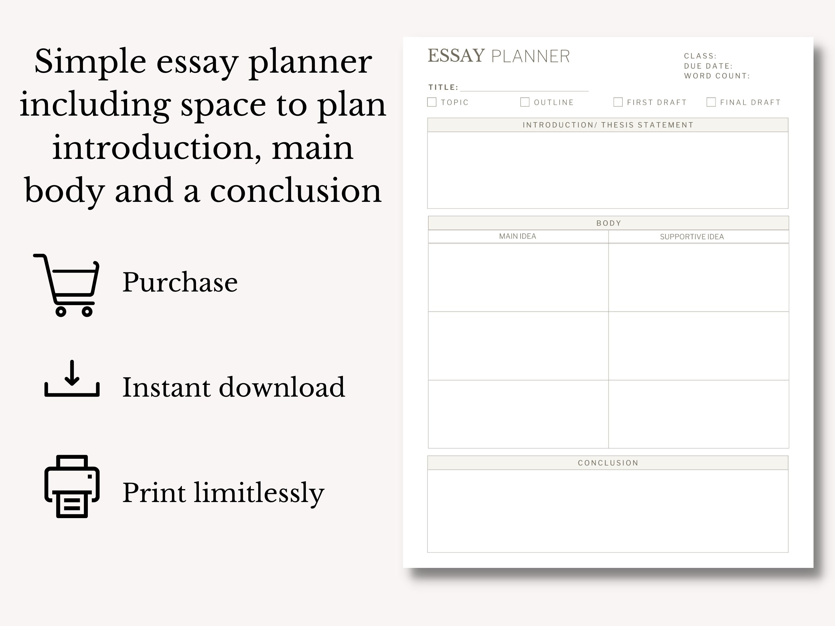 Simple Essay Planner Printable, Essay Writing Template, Essay Plan ...