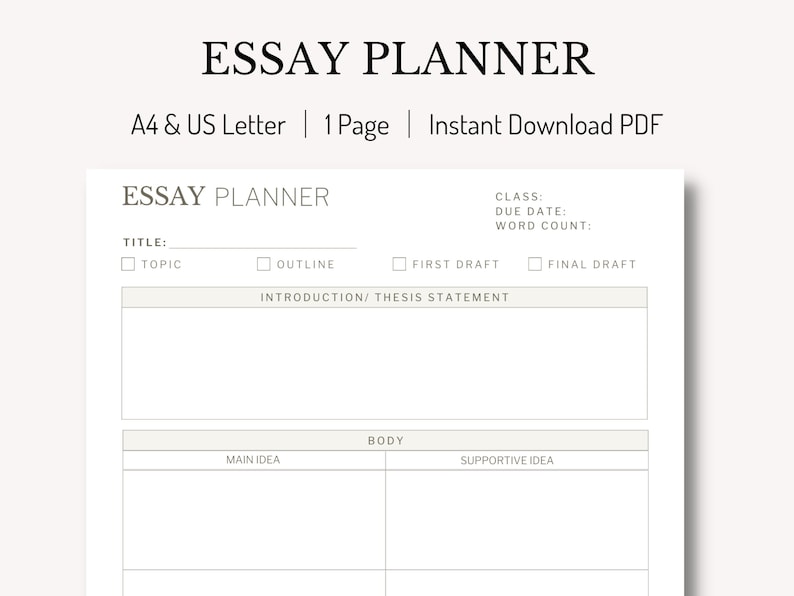 Simple Essay Planner Printable, Essay Writing Template, Essay Plan ...