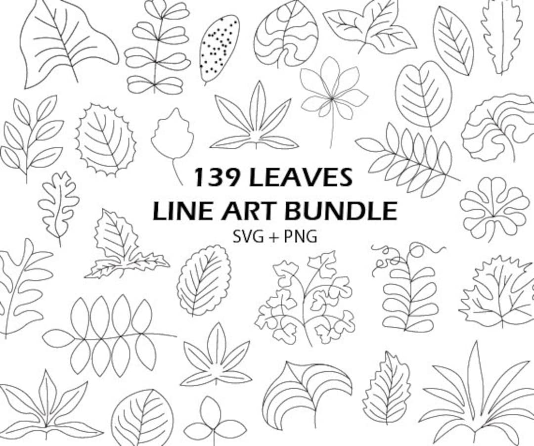 Leaves Line Art SVG Bundle Tropical Leaf PNG Hand Drawn Jungle Leaves ...