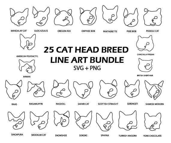 Cat Head Breed Line Art SVG Bundle Cat Face PNG Cute Kitten Outline Cat ...