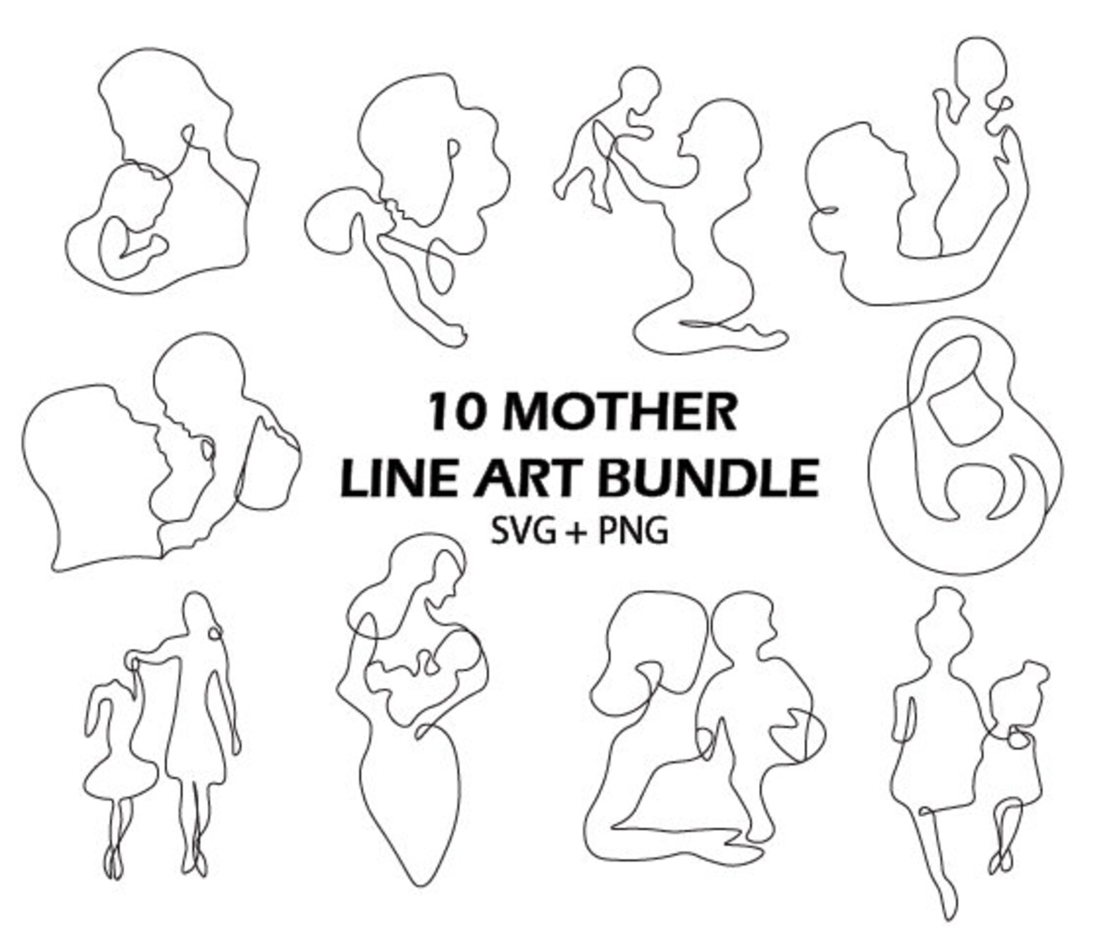 Mom Line Art SVG Bundle Motherhood Clipart Happy Mothers Day PNG Strong ...