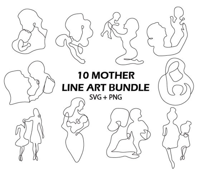 Mom Line Art SVG Bundle Motherhood Clipart Happy Mothers Day PNG Strong ...