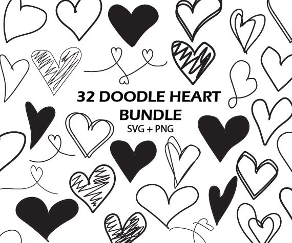 Doodle Heart SVG Bundle Hand Drawn Heart PNG Scribble Heart Clipart ...