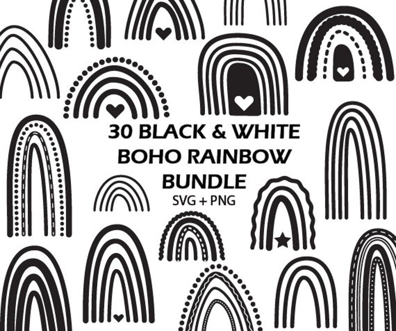 B&W Boho Rainbow SVG Bundle Bohemian Rainbow Silhouette Cute Rainbow ...
