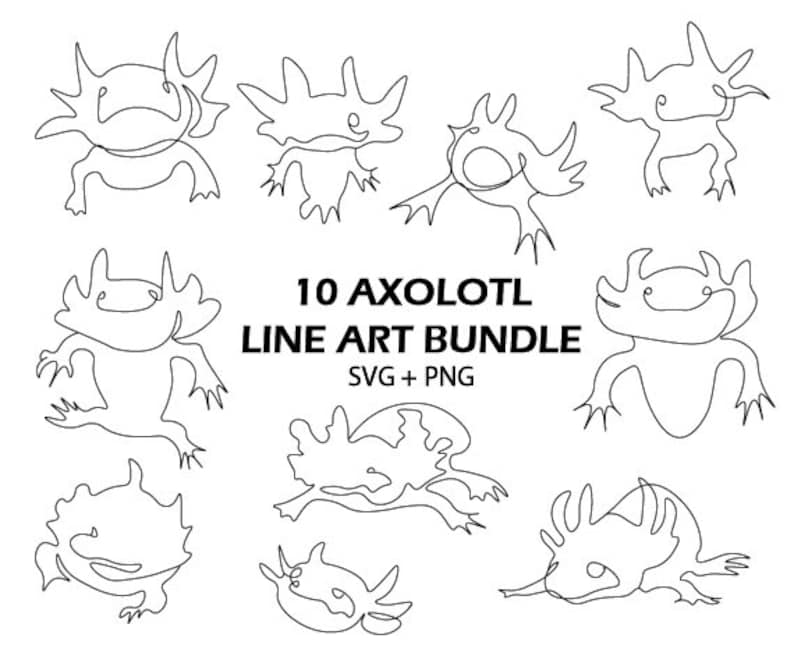 Axolotl Line Art Bundle SVG Minimalist Cute Axolotl PNG Kawaii Axolotl ...